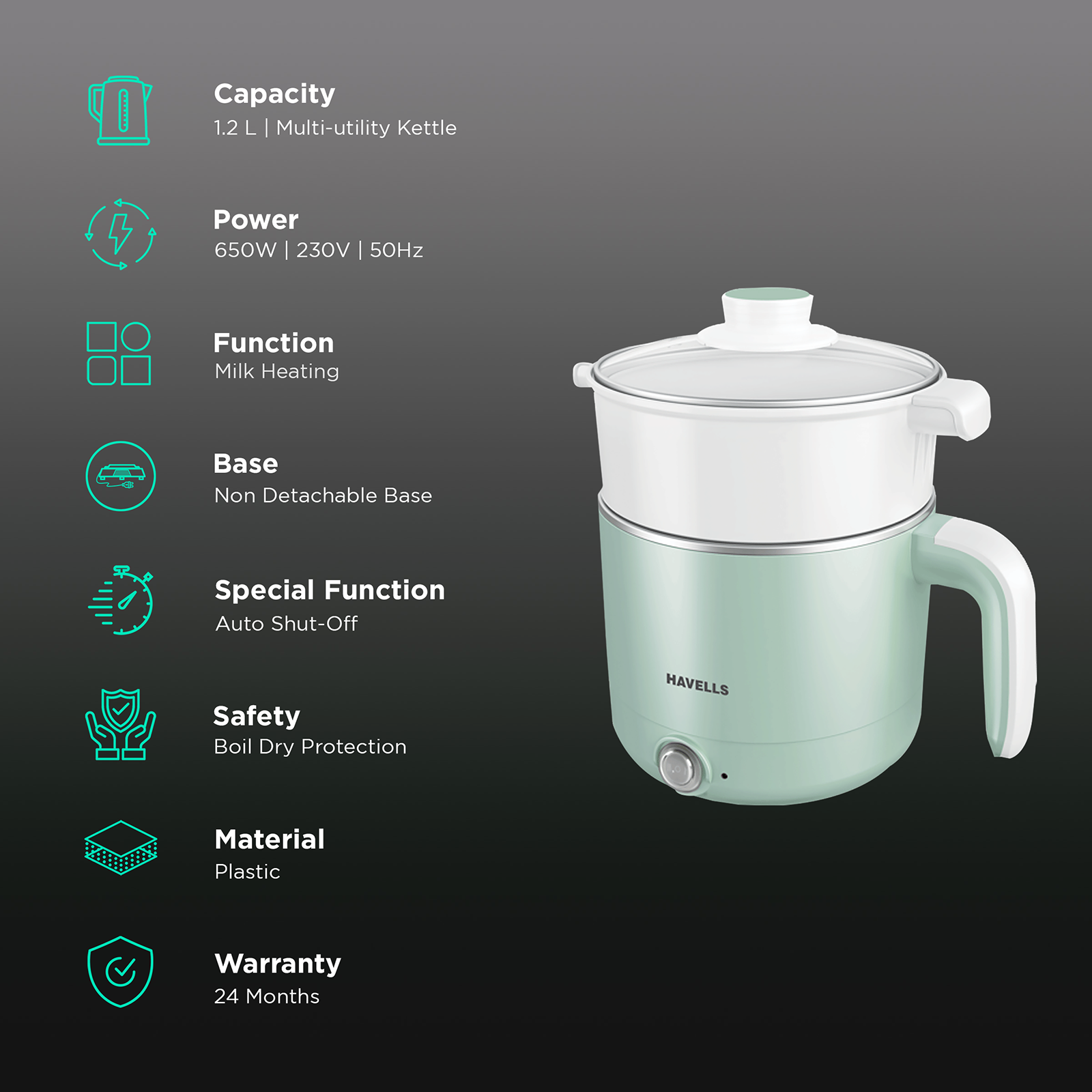 Buy HAVELLS Capture 650 Watt 1.2 Litre Multi Cook Electric Kettle with Auto Shut Off Light Green Online Croma